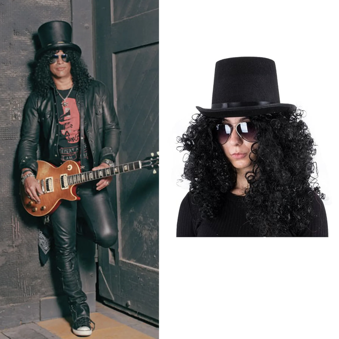 Slash Costume Heavy Metal Wig, Top Hat, and Sunglasses - Quda Halloween
