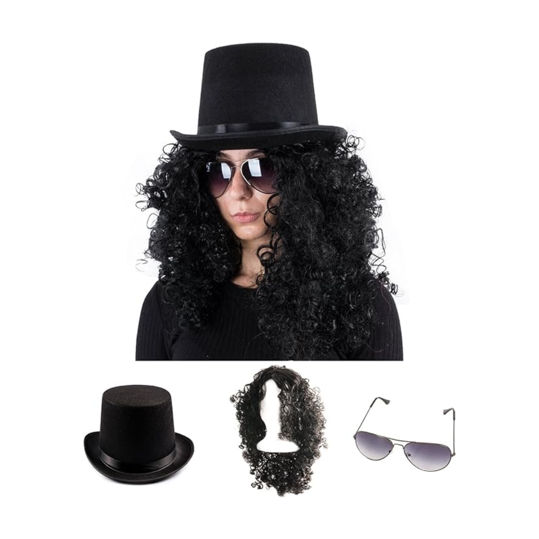 Slash Costume Heavy Metal Wig, Top Hat, and Sunglasses - Quda Halloween