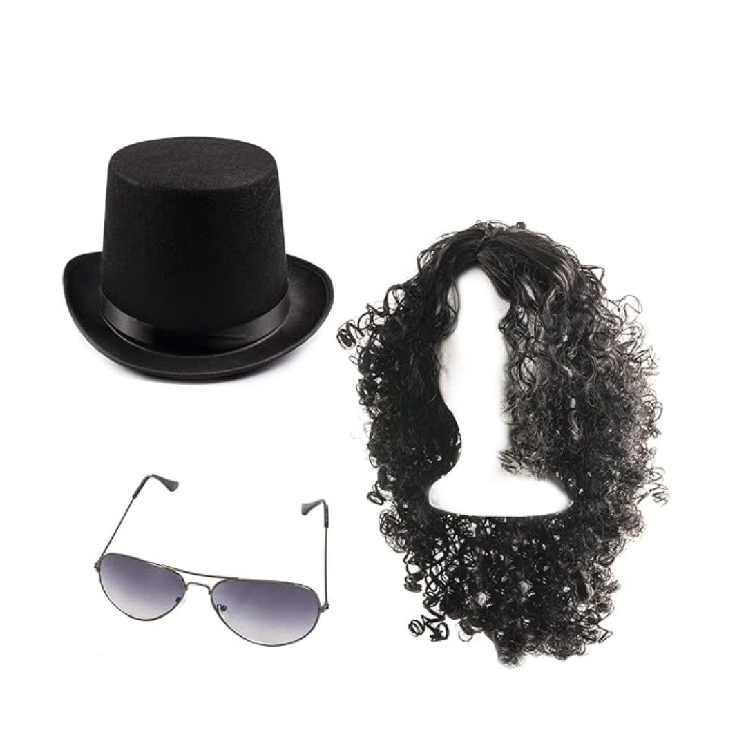 Slash Costume Heavy Metal Wig, Top Hat, and Sunglasses - Quda Halloween